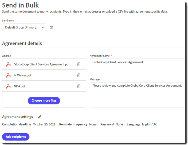 Generate multiple agreements in bulk using a CSV form